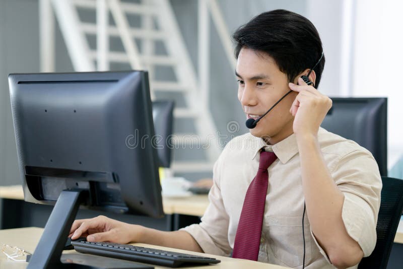 Call Center Operator Agent in a Headset with Microphone Consulting ...