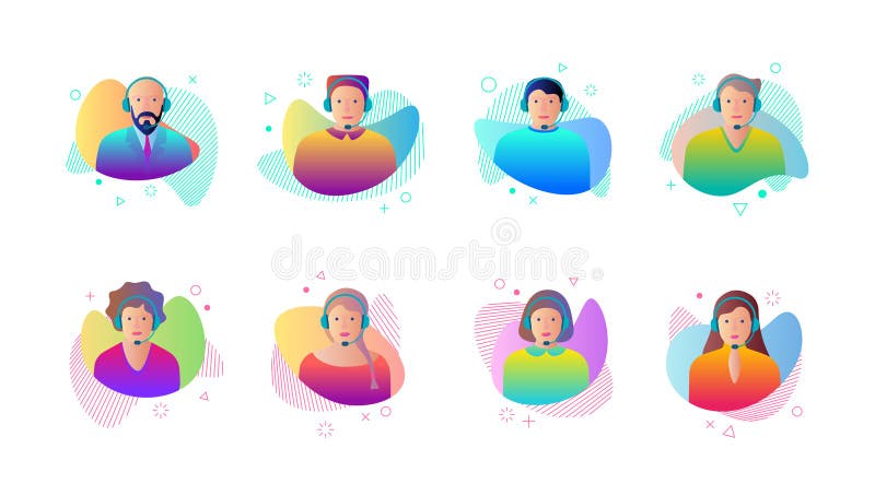 Call Center Operator Avatar Set on Gradient Fluid Liquid Shape Set ...