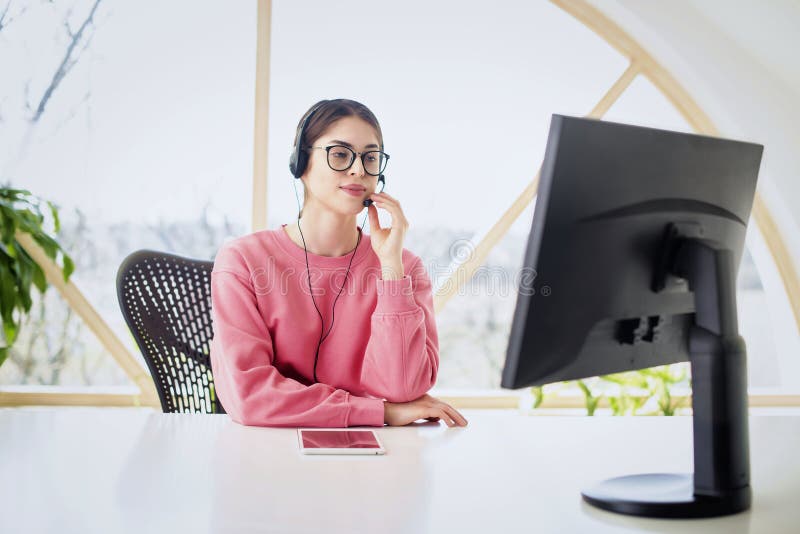 Call Center Operator Businesswoman Wearing Headset and Using Computer ...
