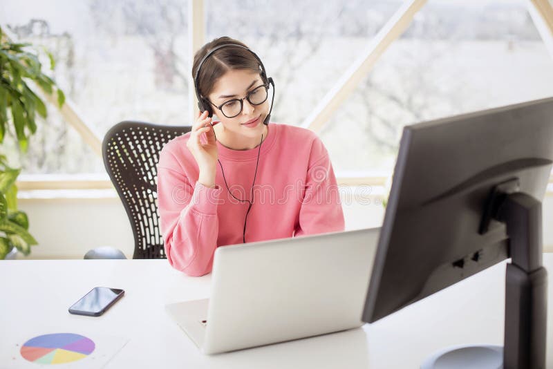 Call Center Operator Businesswoman Wearing Headset and Using Computer ...