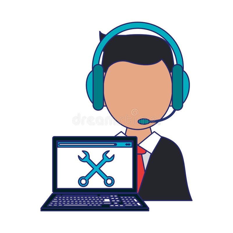 Call Center Operator with Laptop Technical Support Blue Lines Stock ...