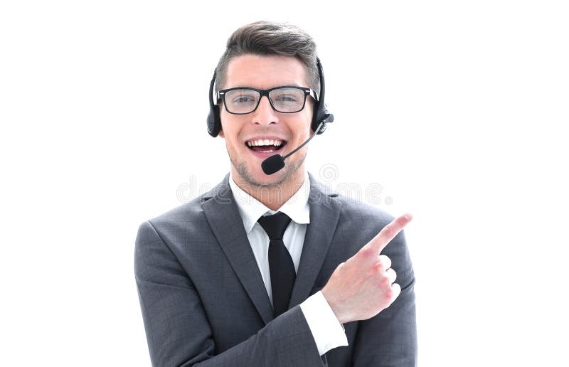 The Call Center Operator Points a Finger To the Side Stock Image ...