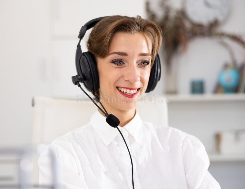 Call Center Operator Talking with Client and Smiling Stock Image ...