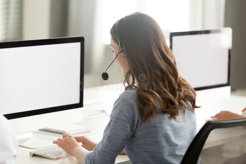 Call Center Operator Using Computer, Looking at Screen Mock Up Stock ...