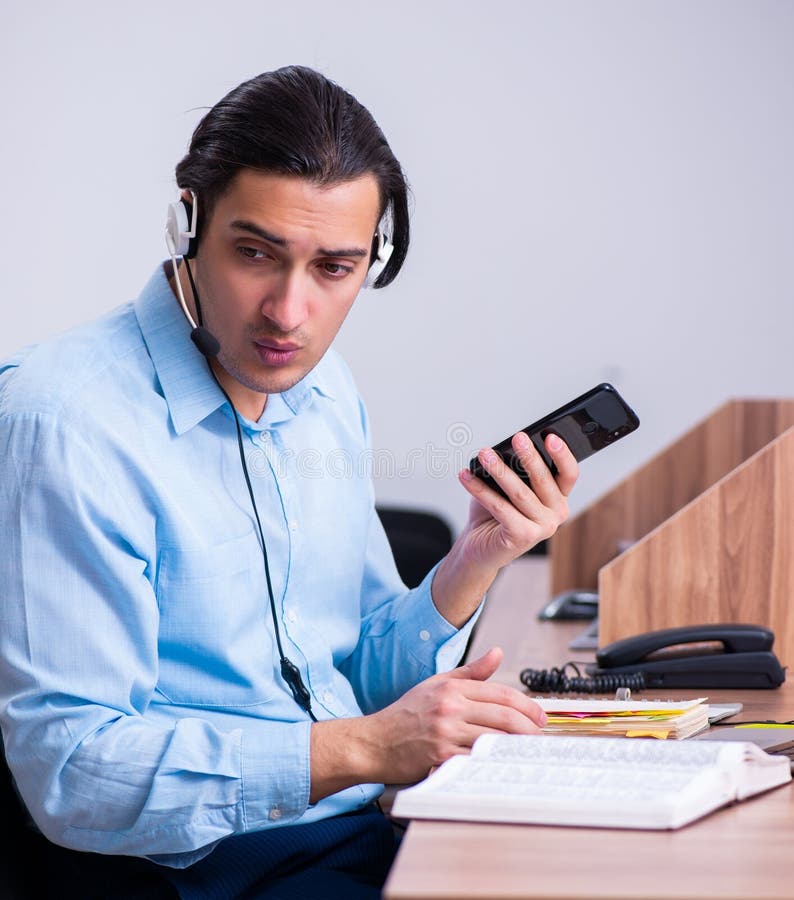 Call Center Operator Working at His Desk Stock Image - Image of hotline ...