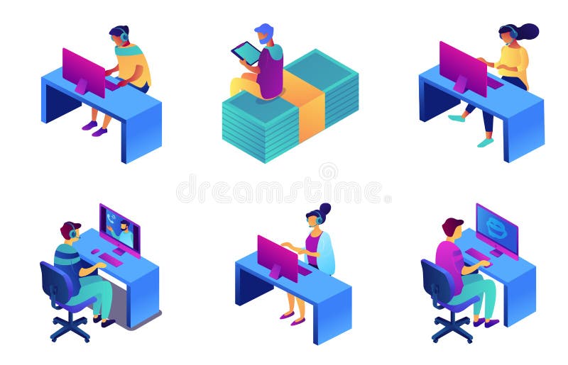 Call Center Operators in Headset Isometric 3D Illustration Set. Stock ...