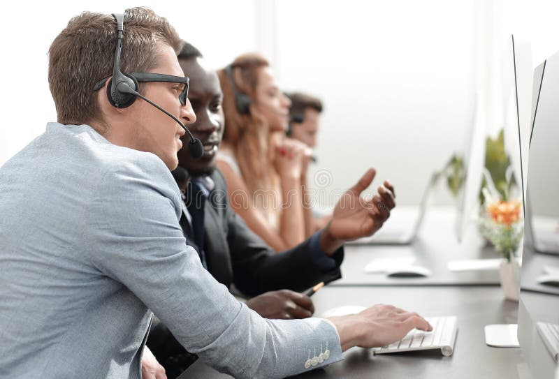 Call Center Operators are Talking, Sitting at His Desk Stock Image ...