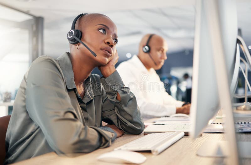 Call Center, Stress and a Woman with a Headset at Computer with ...