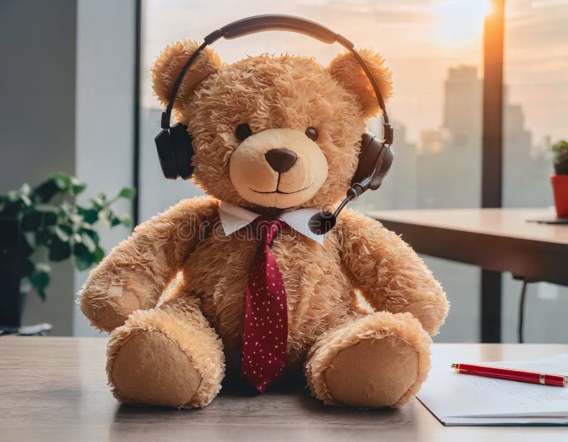 Call Center Teddy Bear with Headset Sitting on Office Desk Stock ...