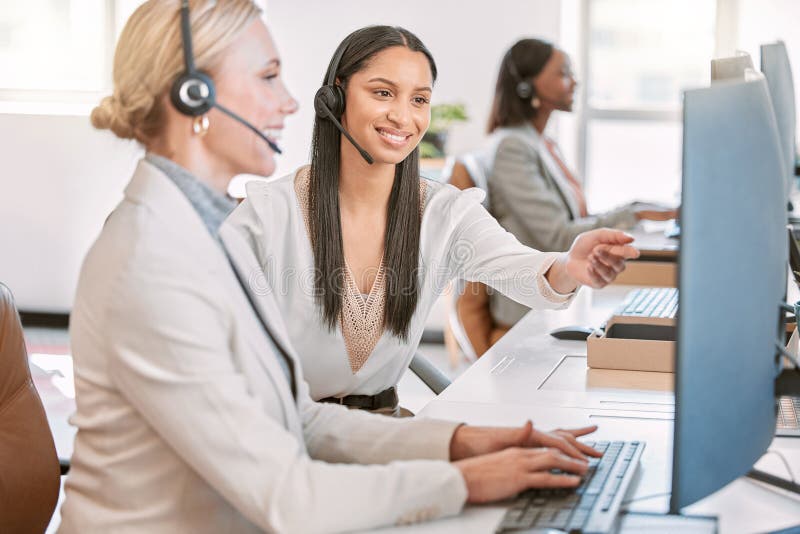 Call Center, Training and Woman at Desk with Computer, Manager and ...