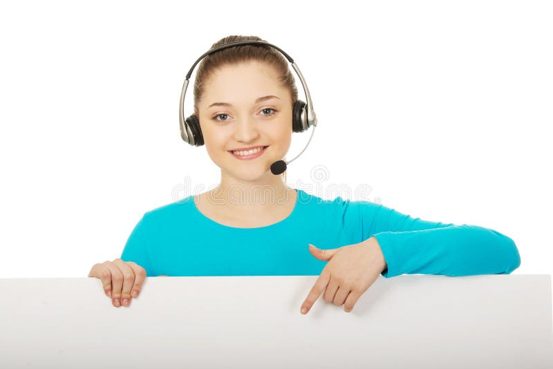 Call Center Woman Pointing on Billboard. Stock Photo - Image of banner ...