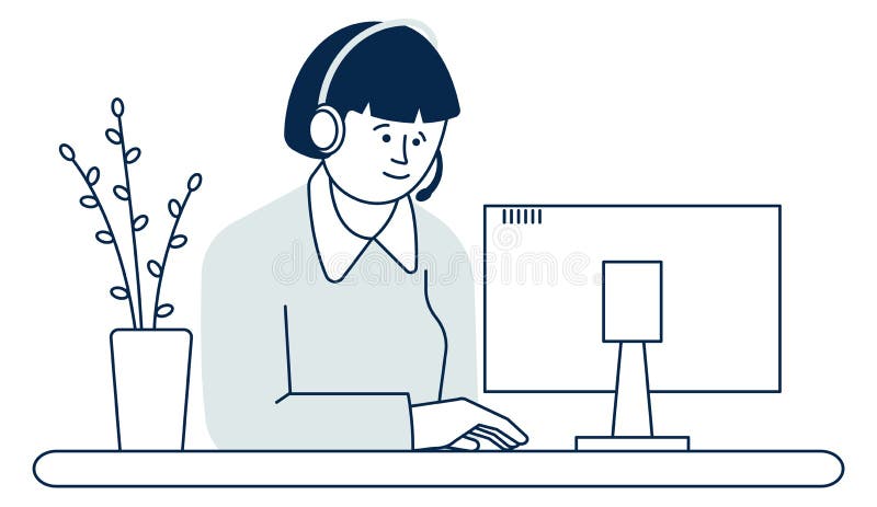 Call Center Worker. Woman in Headset Sit at Computer Desk Stock Vector ...