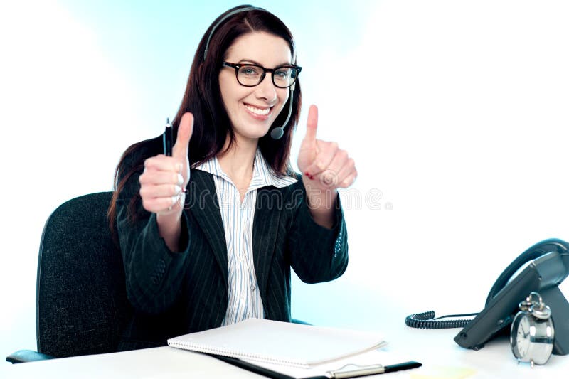 Call Centre Operator Gesturing Double Thumbs Up Stock Image - Image of ...