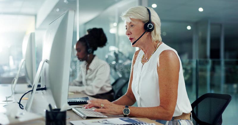 Call Centre, Talking and Mature Woman with Computer for Communication ...