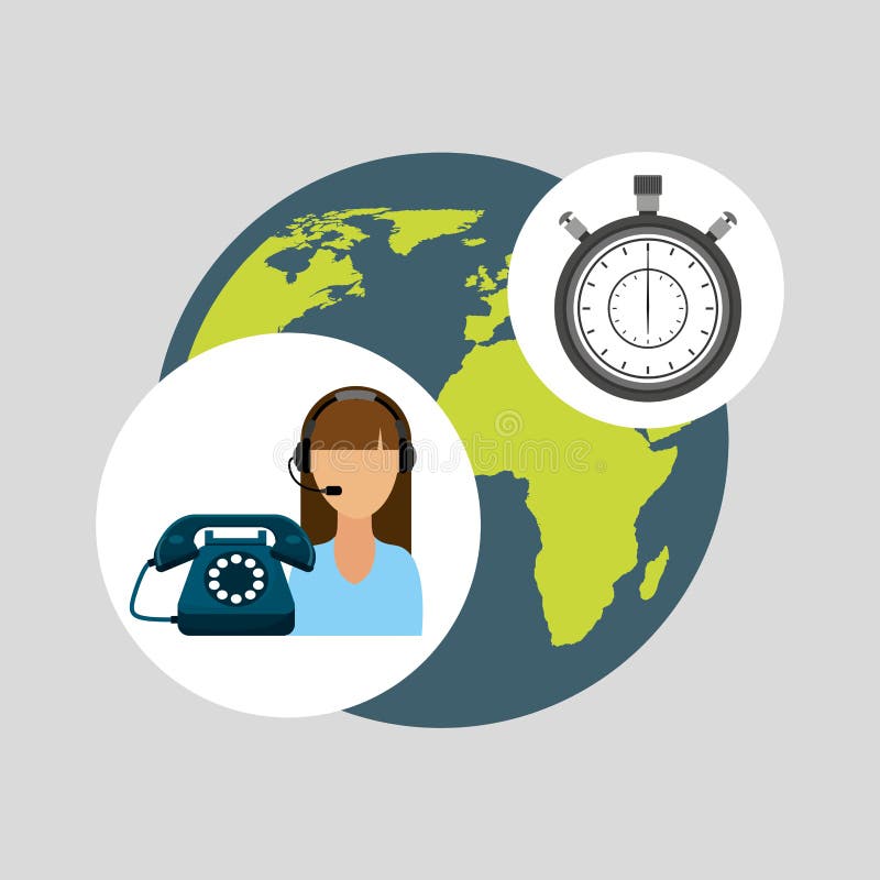 Call Centre Woman Working Globe Clock Stock Vector - Illustration of ...