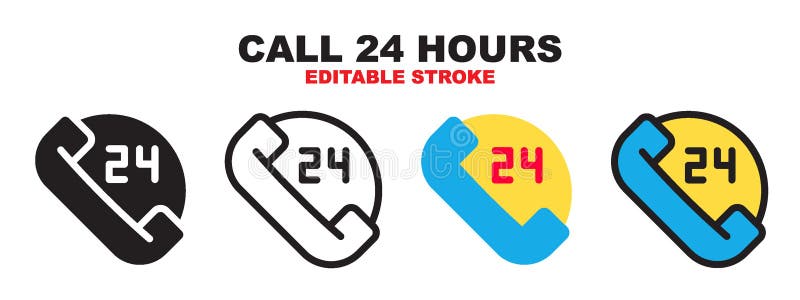 Call 24 Hours Icon Set with Different Styles. Editable Stroke Style Can ...