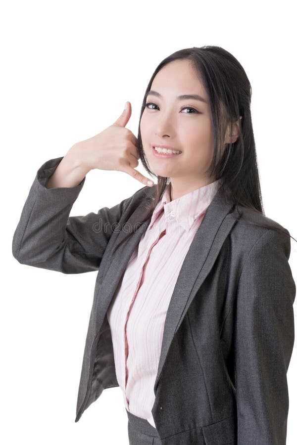Smiling Woman Showing Mobile Phone Making Call Me Gesture Stock Photo ...