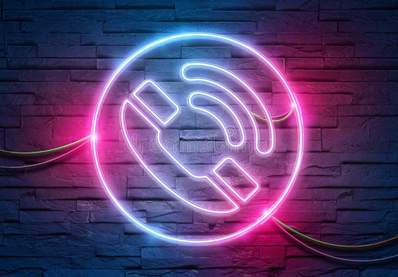 Call Neon Icon Illuminating a Brick Wall with Blue and Pink Glowing ...