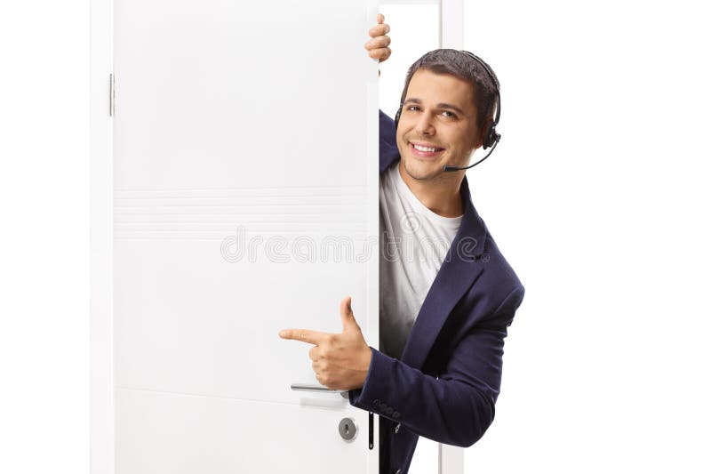 Call Operator Standing Behind a Door Stock Image - Image of room ...