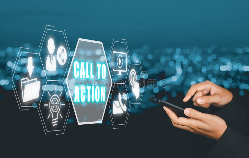Person Hand Using Smart Phone with Call To Action Icon on Virtual ...