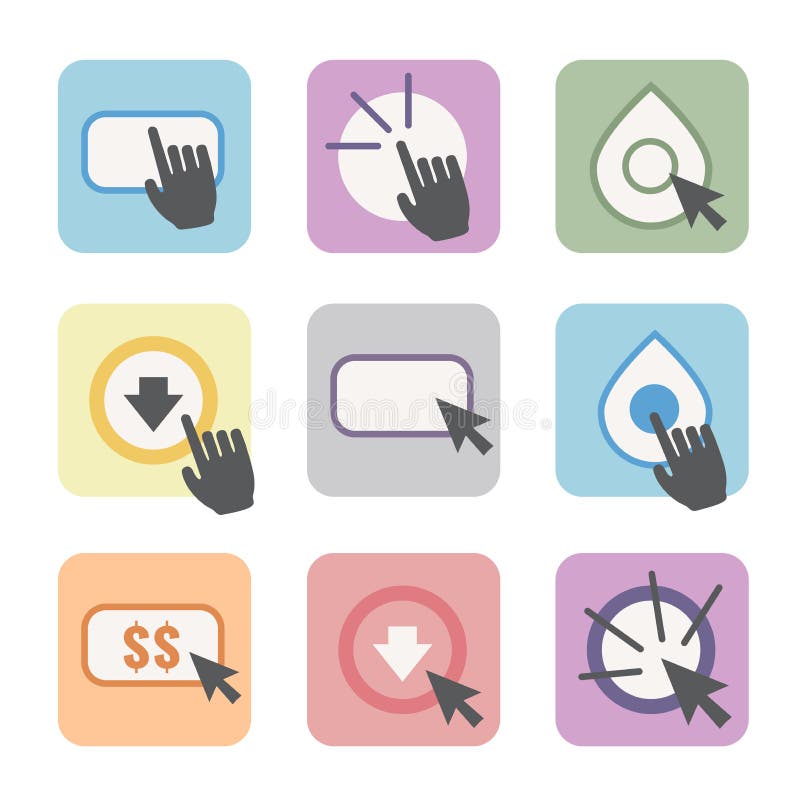 Call To Action Icon Graphics with Buttons, Clicking Hand and Poi Stock ...