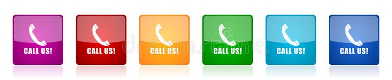 Call Us Icon Set, Colorful Square Glossy Vector Illustrations in 6 ...
