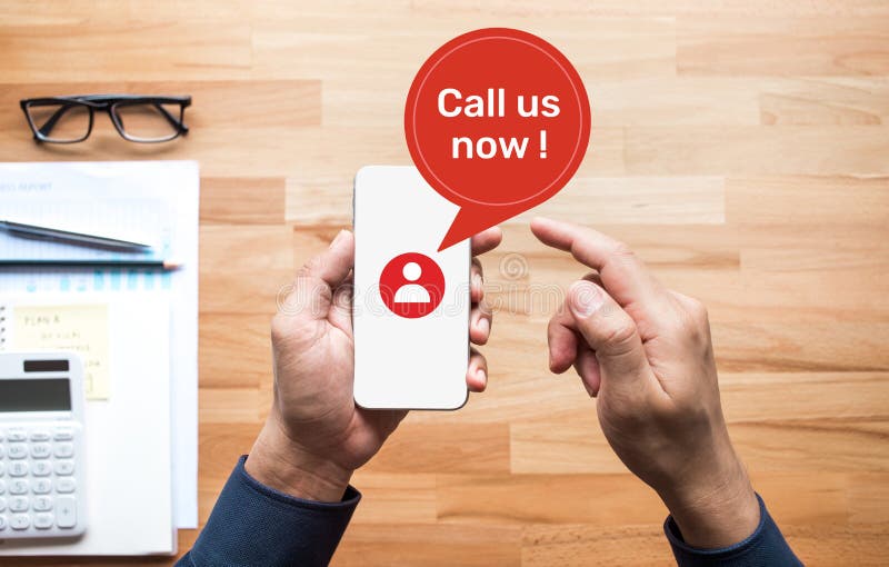 Call Us Now with Man Using Smartphone.networking and Connection Stock ...