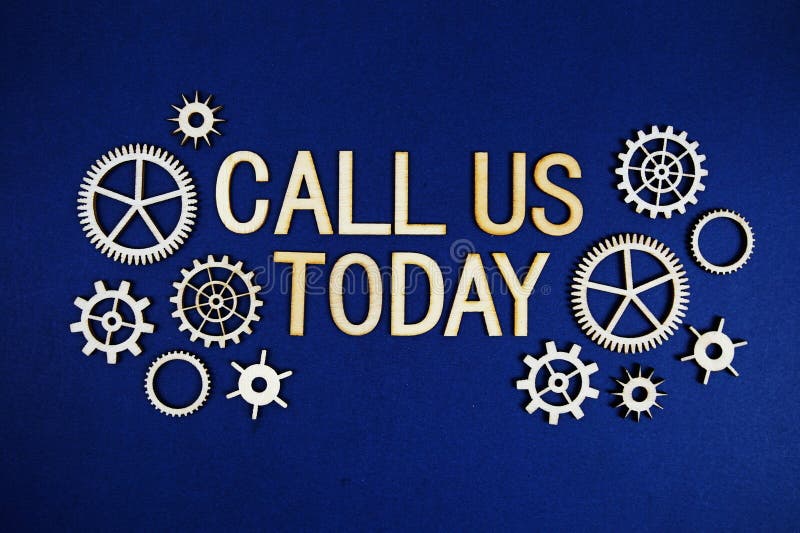 Call Us Today Alphabet Letters with Gears Element on Navy Blue ...