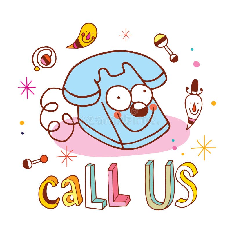 Call Us Unique Lettering with Telephone Cartoon Character Stock Vector ...
