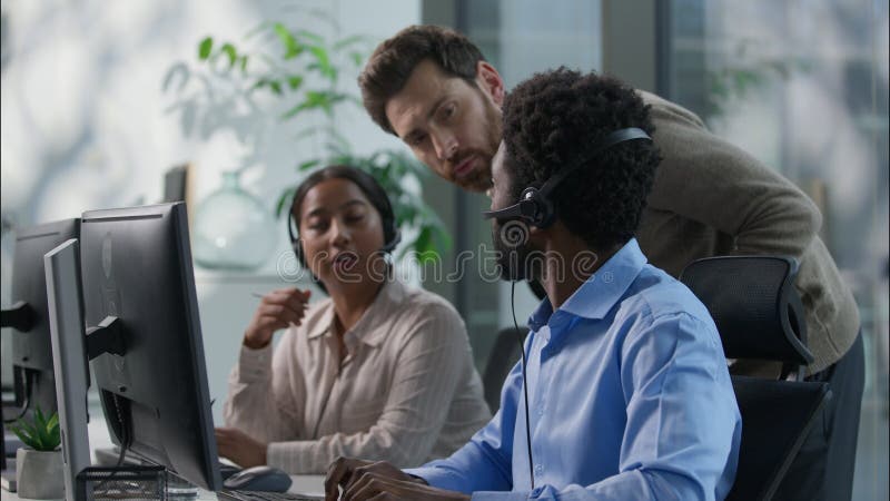 Callcenter Teamwork Multicultural Office Operators Support Communication African Man Indian ...