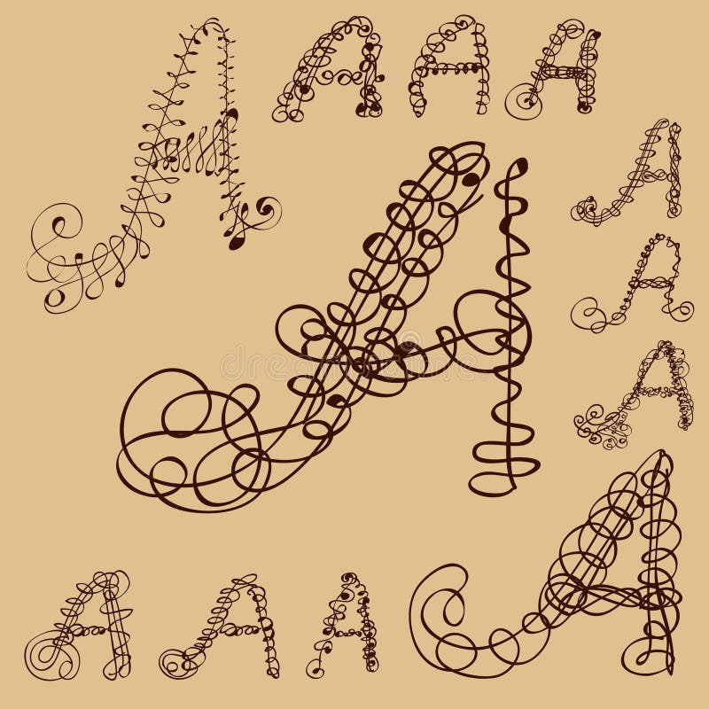 Set of Calligraphic Capital Letters with Abstract Pattrn into Round ...