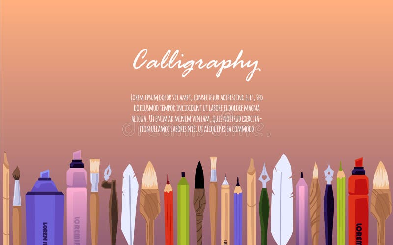Calligraphy Banner with Border of Calligraphic Tools, Flat Vector ...