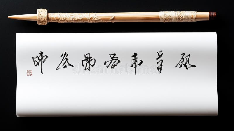 Calligraphy Brush Resting beside Scroll Featuring Traditional Chinese ...