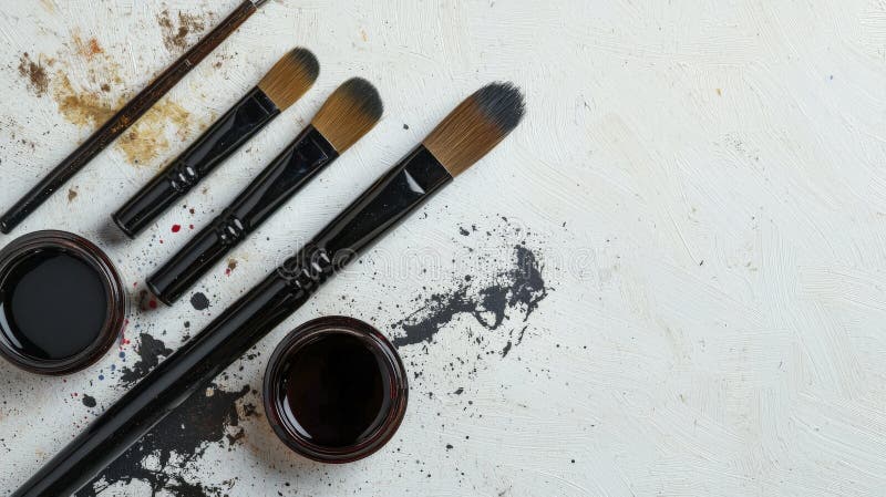 Calligraphy Brush Set and Ink Pots on Clean Background Artistic Tools Studio Setting Creative ...