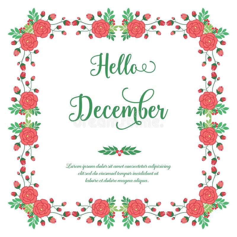 Calligraphy Card Hello December with Abstract Red Flower Frame ...