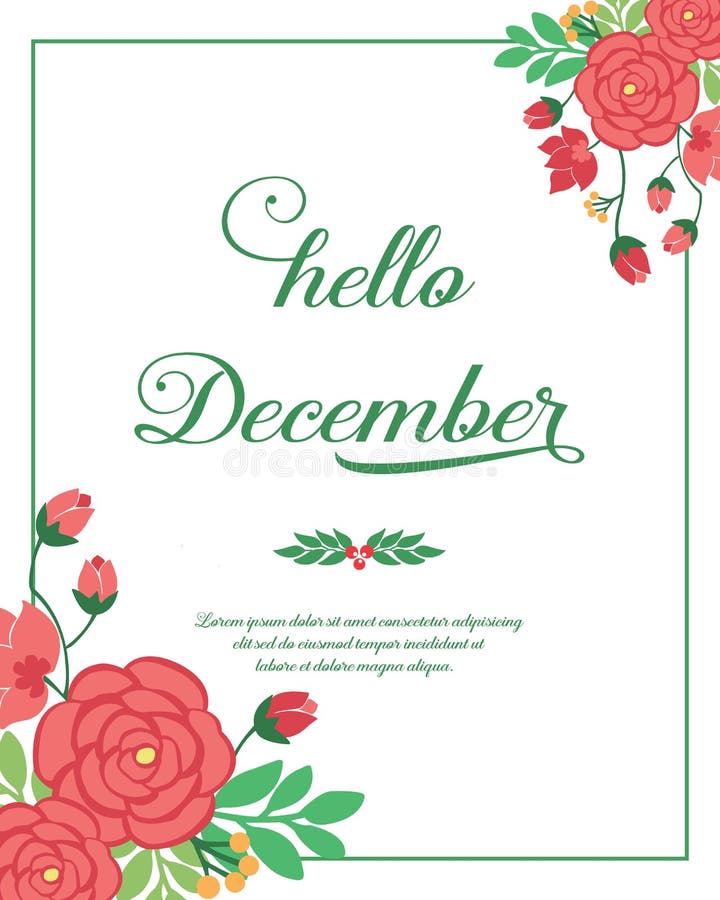 Calligraphy Card Hello December with Abstract Red Flower Frame ...