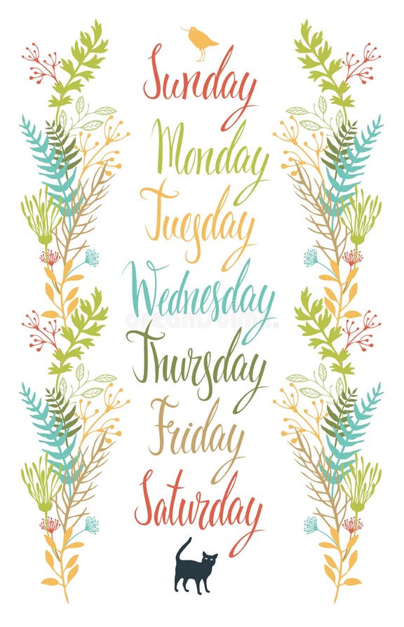 Calligraphy Days of the Week with Flowers Stock Vector - Illustration ...