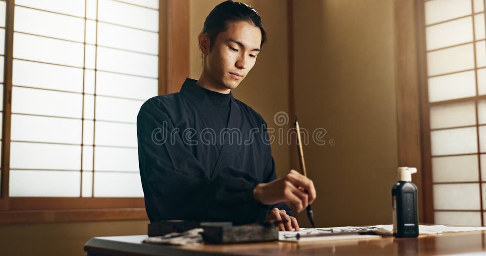 Calligraphy, Ink and Traditional Japanese Man with Paper for Letters ...