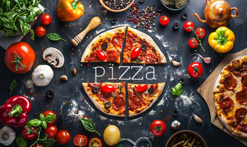 Calligraphy Lettering - Pizza with Pizza Ingredients on Dark Background ...