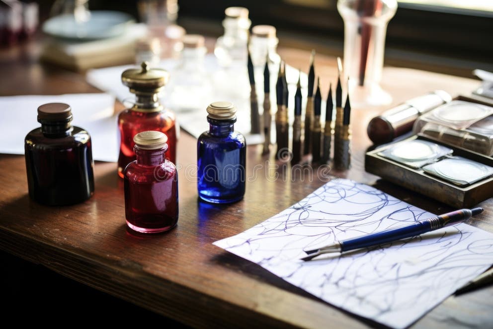 Calligraphy Pens, Ink, and Practice Sheets on a Desk Stock Photo ...