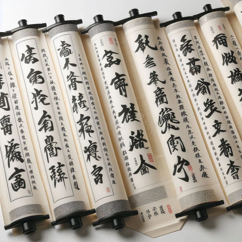 Calligraphy Scrolls with Famous Proverbs Several Scrolls Display Stock ...