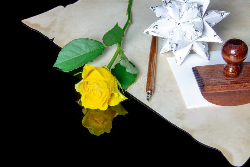 Calligraphy Set with Yellow Rose on Black Stock Image - Image of love ...