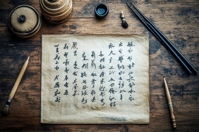 Calligraphy Tools and Ancient Script on a Wooden Table in an Artistic ...