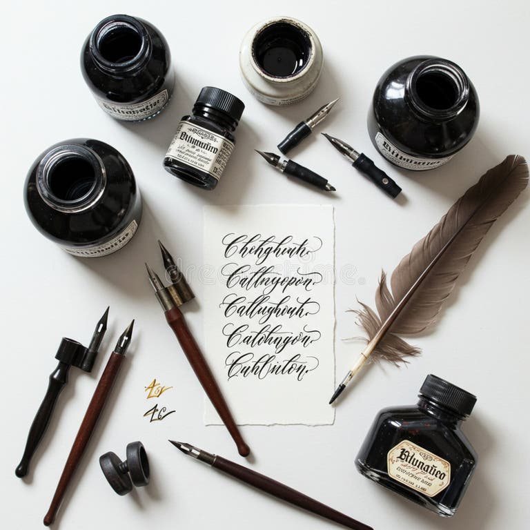 Calligraphy Tools Arranged Around a Sheet of Paper with Practice Script ...