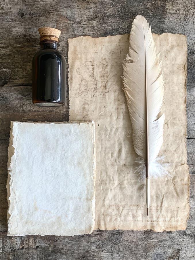 Calligraphy Tools Arranged on Rustic Wooden Surface Featuring Quill ...