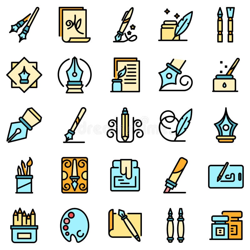 Calligraphy Tools Icons Set Vector Flat Stock Vector - Illustration of ...