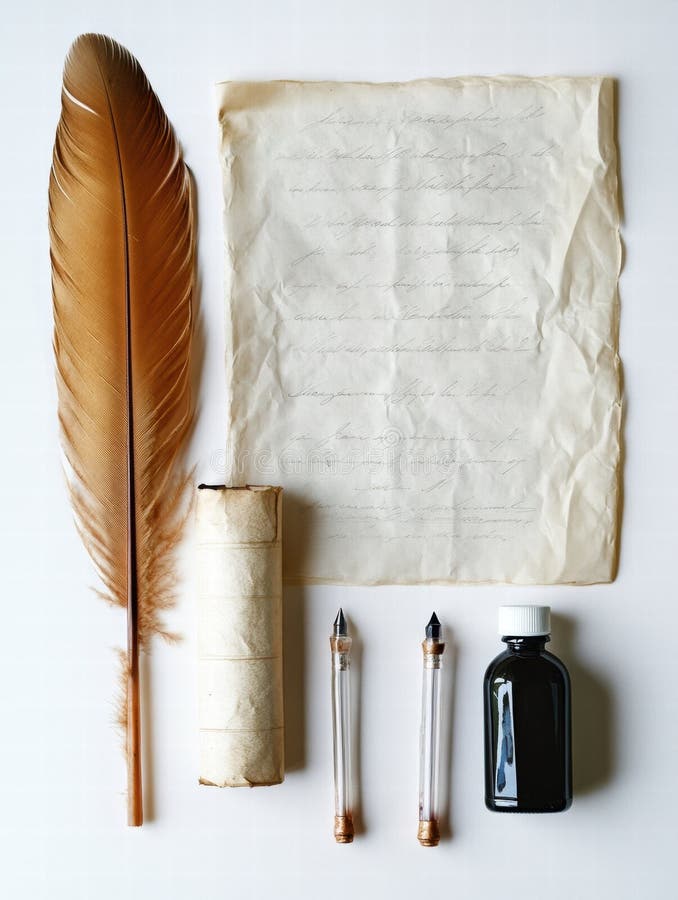 Calligraphy Tools Including a Feather Quill, Ink Bottle, Parchment, and ...