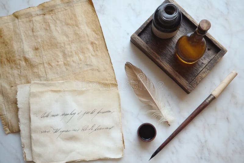 Calligraphy Tools Including Feather Quill and Ink Bottle Resting on ...