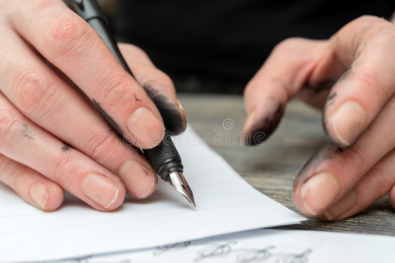 Fountain Pen in Ink-stained Hands Stock Image - Image of office, draft ...