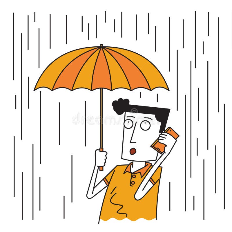 Calling Man in the Rain Under Umbrella Stock Vector - Illustration of ...